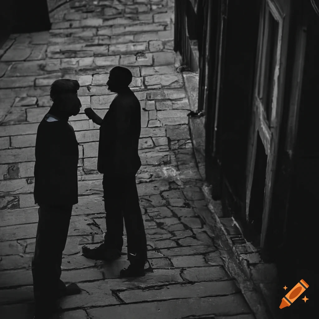 Two men having a covert conversation in an urban alley on Craiyon
