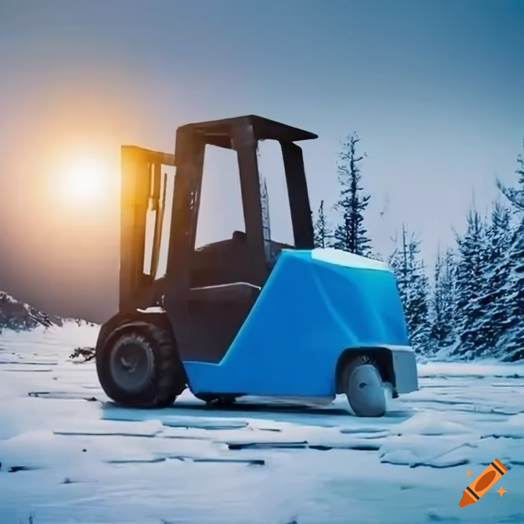 Blue forklift on a snowy road through an electric forest for a New Year ...