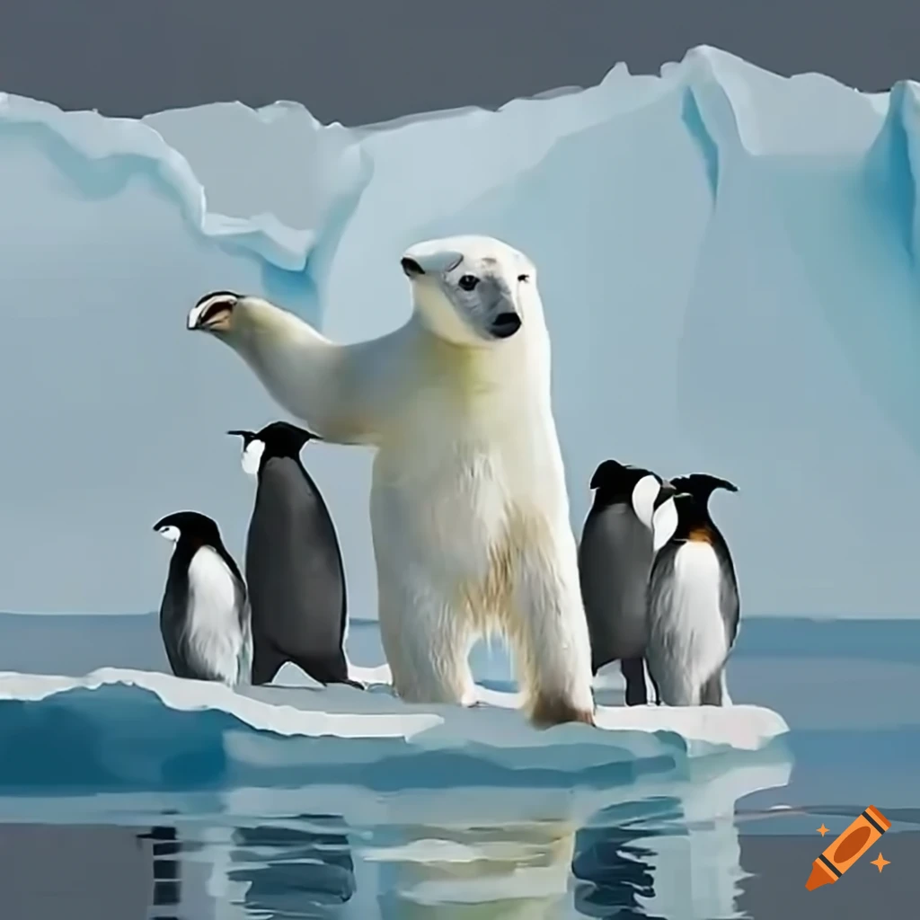 Friendly polar bear greeting penguins on a beautiful iceberg on Craiyon