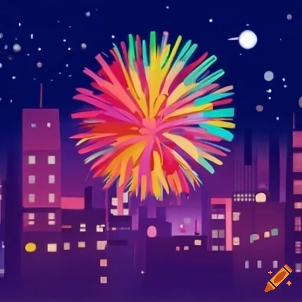Colorful new year's firework over a city in bauhaus design on Craiyon