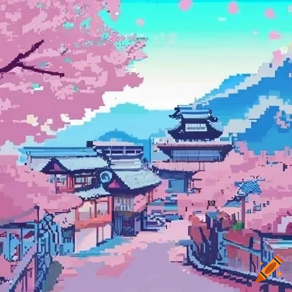 Charming pastel-colored japanese village surrounded by sakura trees in ...