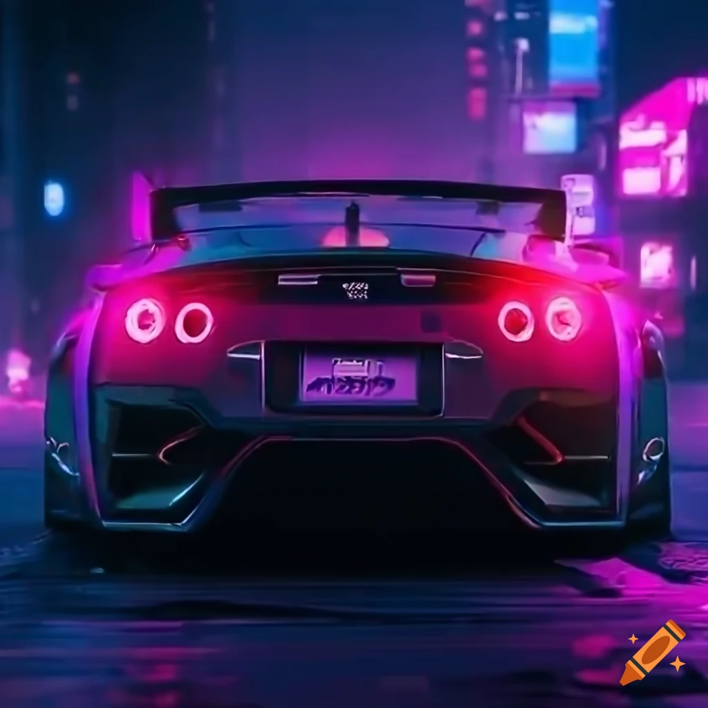 Nissan gtr nismo driving through neo tokyo street on Craiyon
