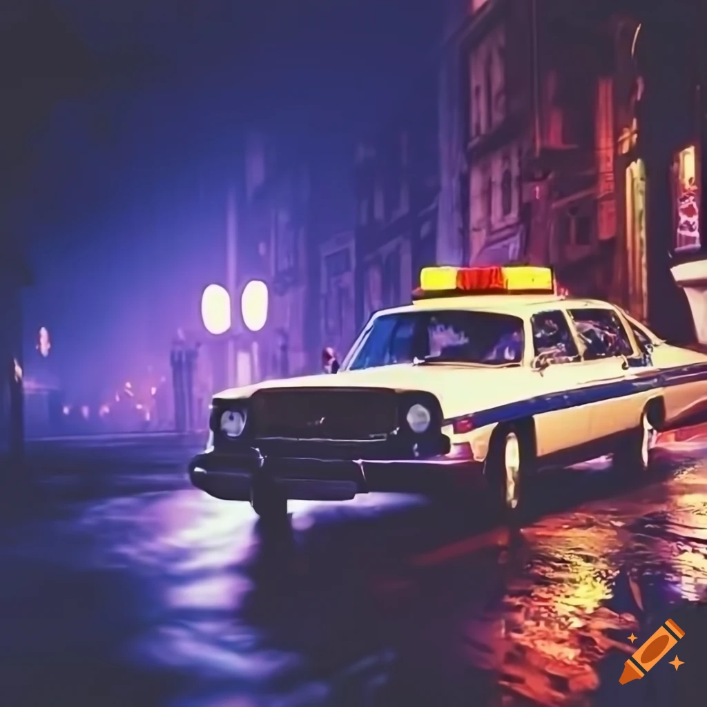 Police car in the 80s on a night street with rim light on Craiyon