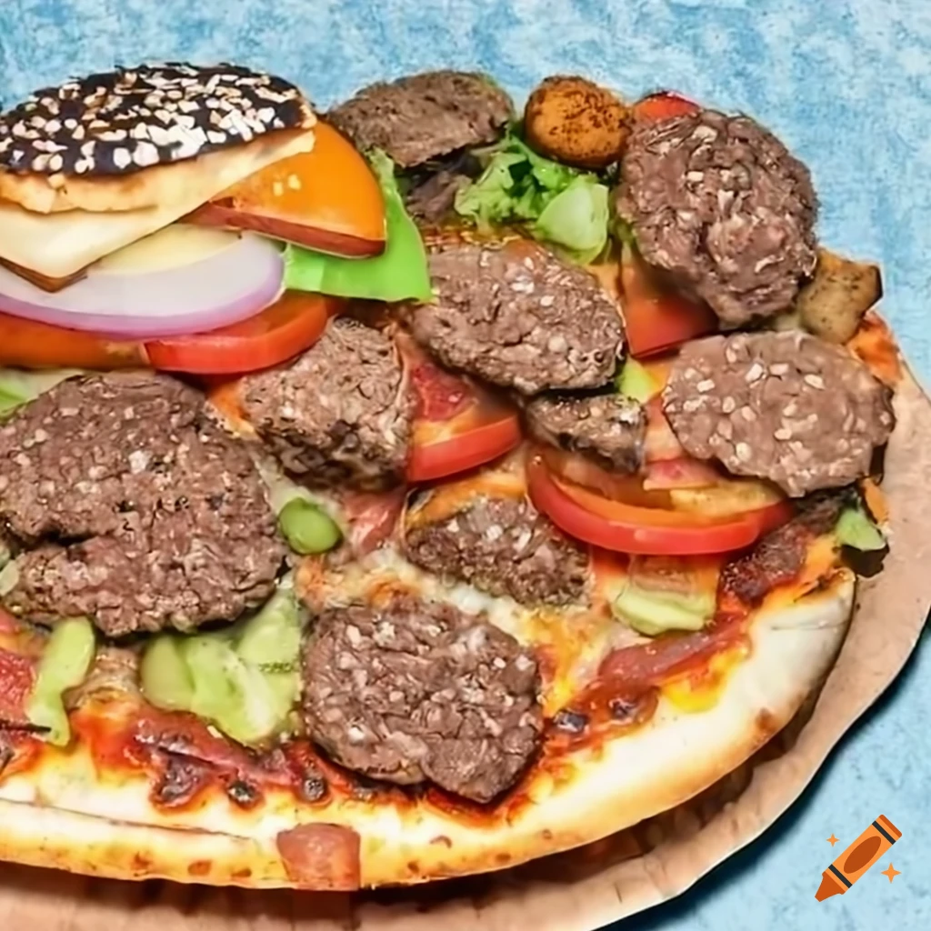 Flying burger made of pizzas with a fire-roasted beef patty in between ...