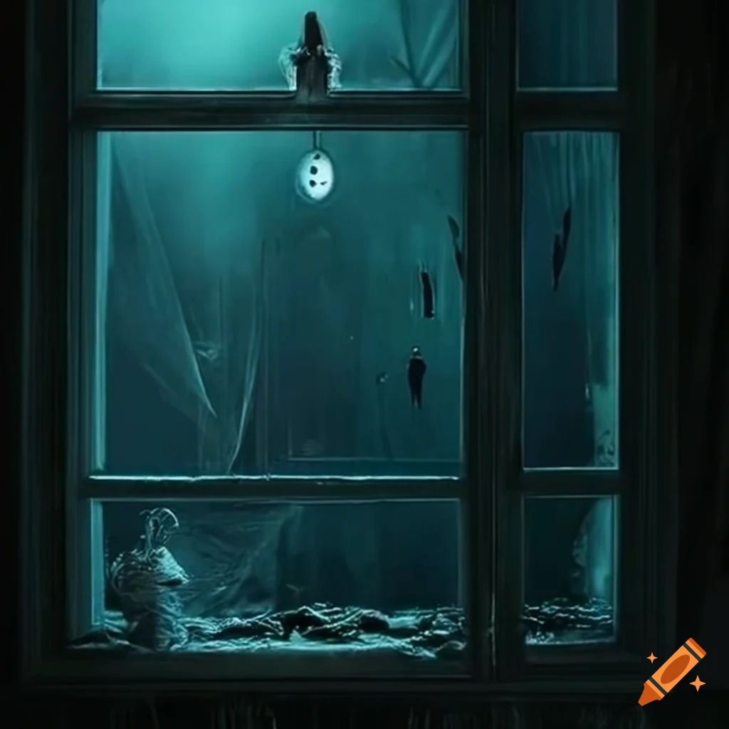 Dark room with a window showing the rainy outdoors in a horror setting ...