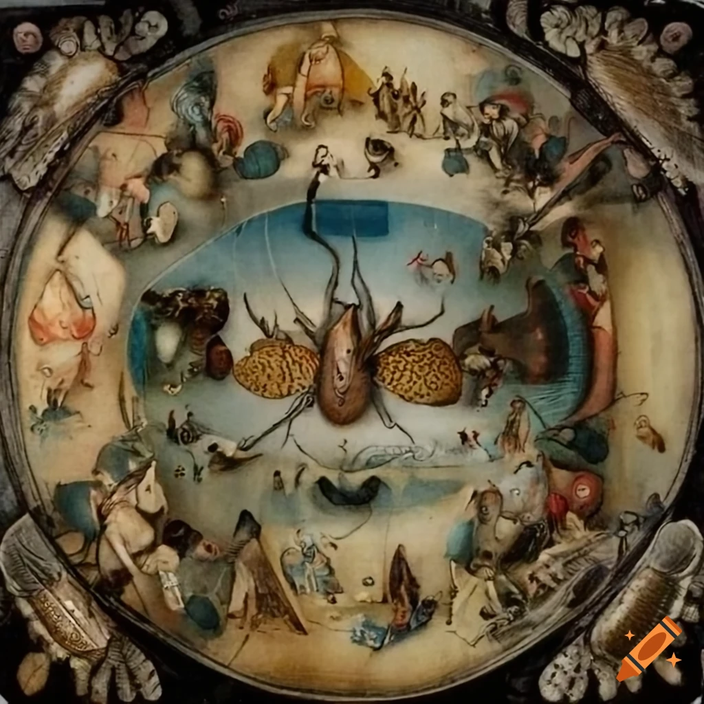 Panorama of strange animals, insects, and small humanoid in a ...