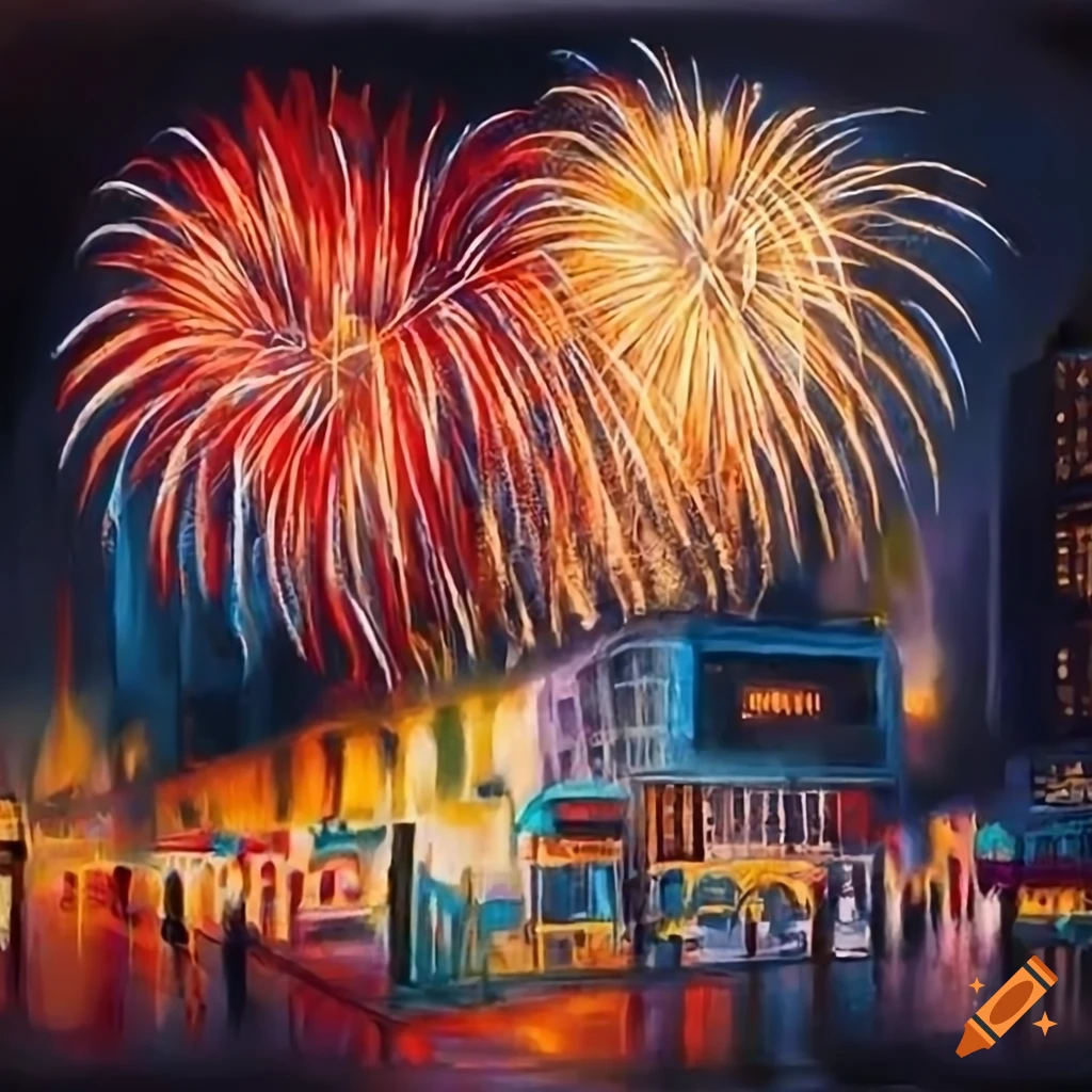 Fireworks in the sky above a busy street in a semi-realistic painting ...