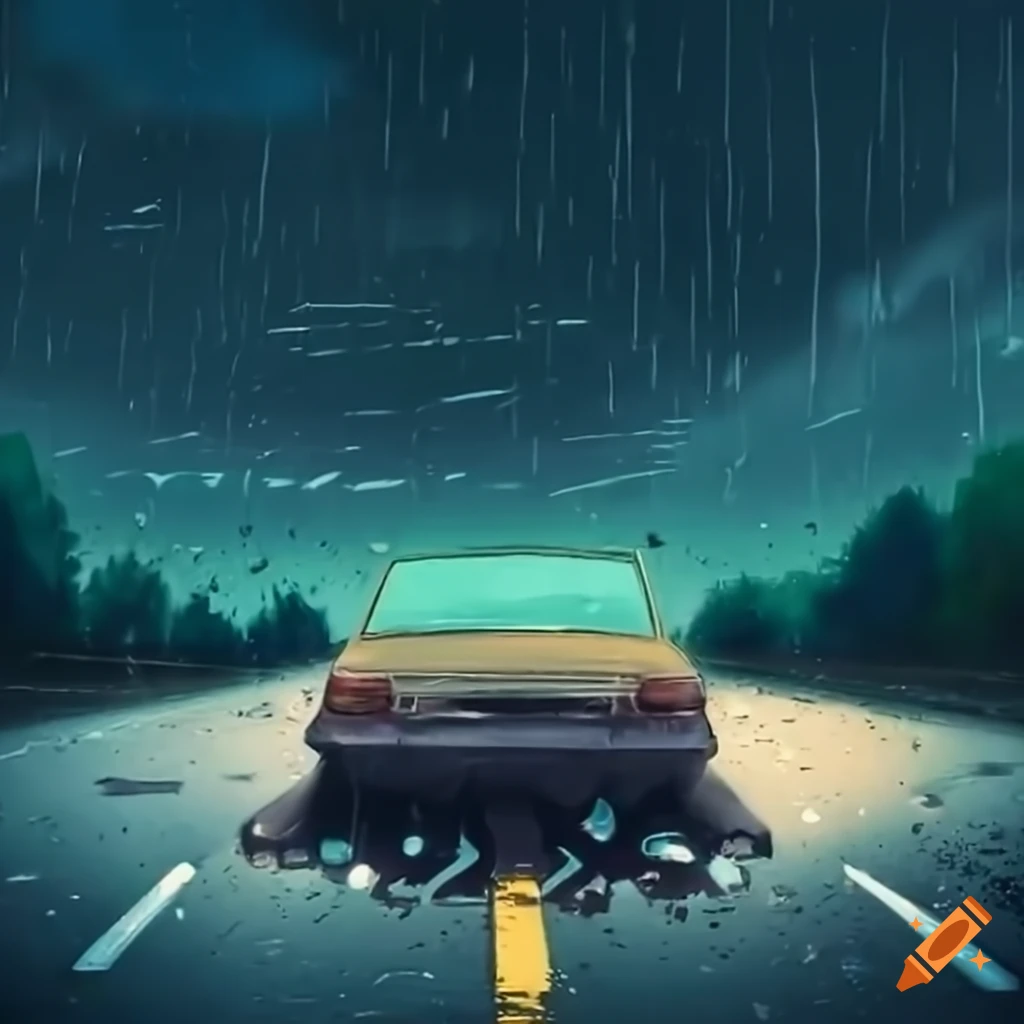 Worn out car on a lonely endless road in the rain on Craiyon