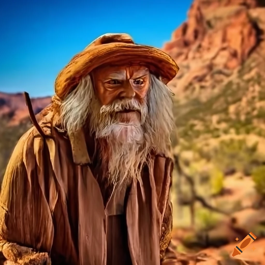 Bearded old prospector in the Superstition Mountains of Arizona on Craiyon