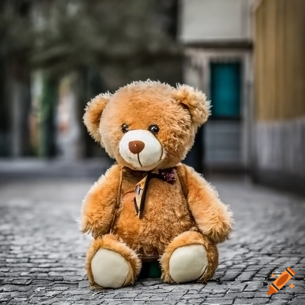 Sad teddy bear in a street alley, high definition photograph on Craiyon