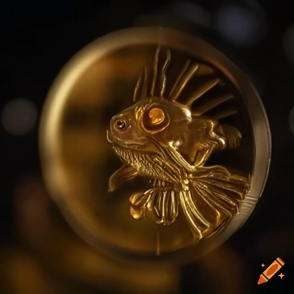 Fish demon spitting gold coins in a bosch inspired scene on Craiyon