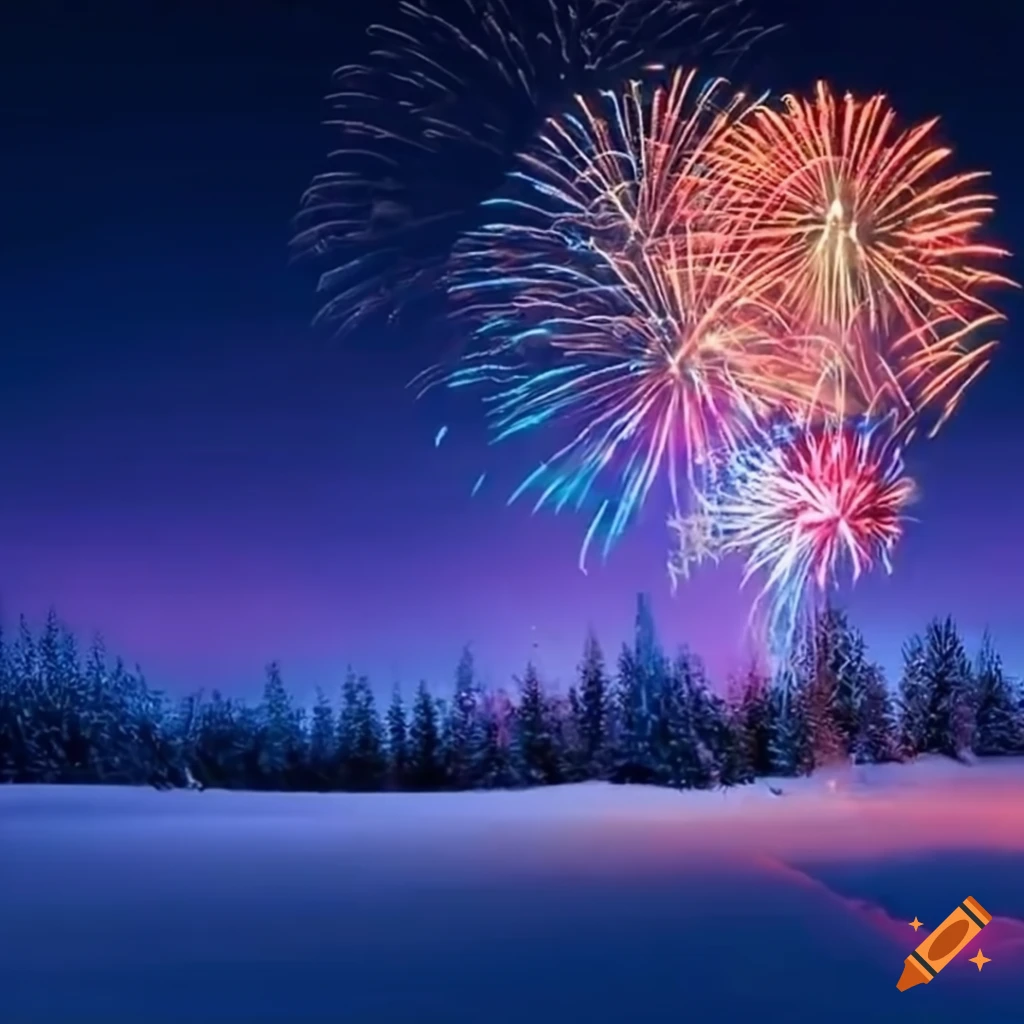 Colorful fireworks illuminating a snowy winter wonderland during the ...