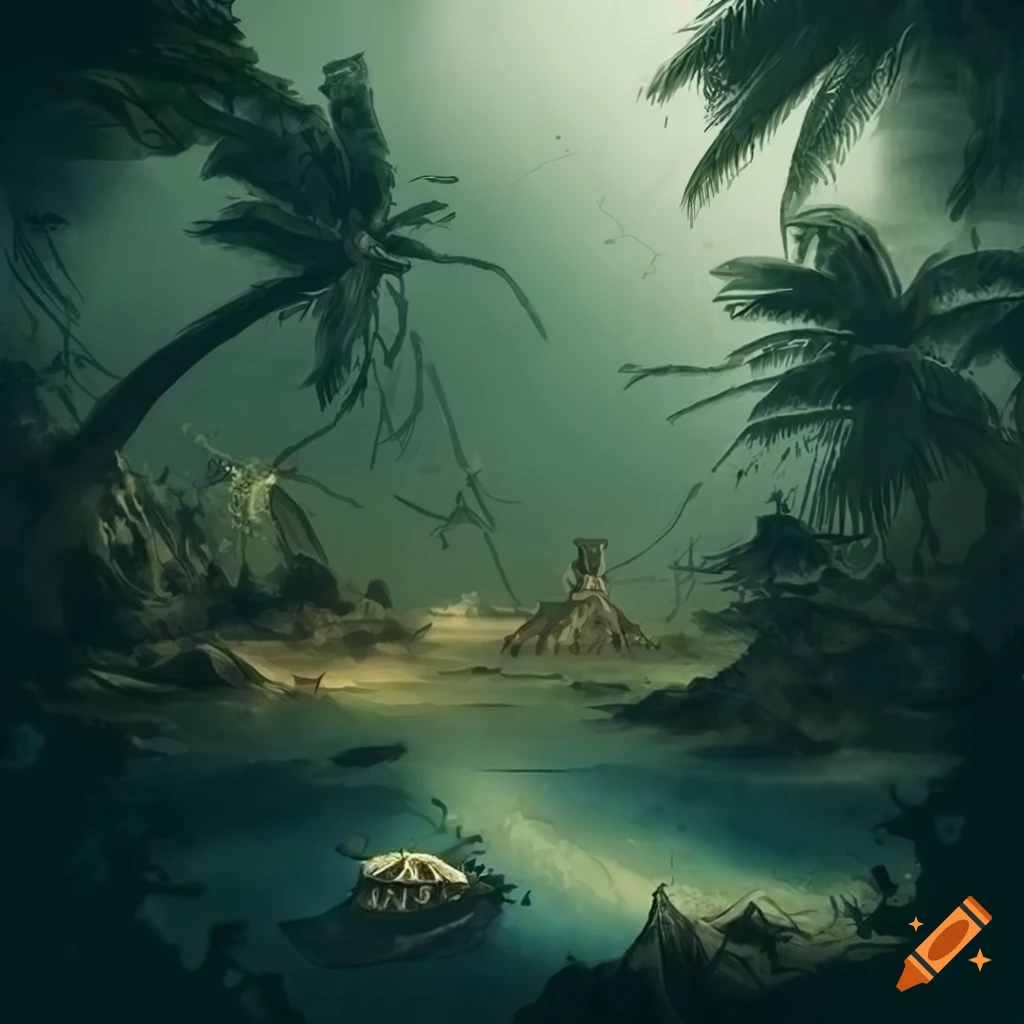 Sepia pirate adventure map of a fantastical treasure hunt with lush ...