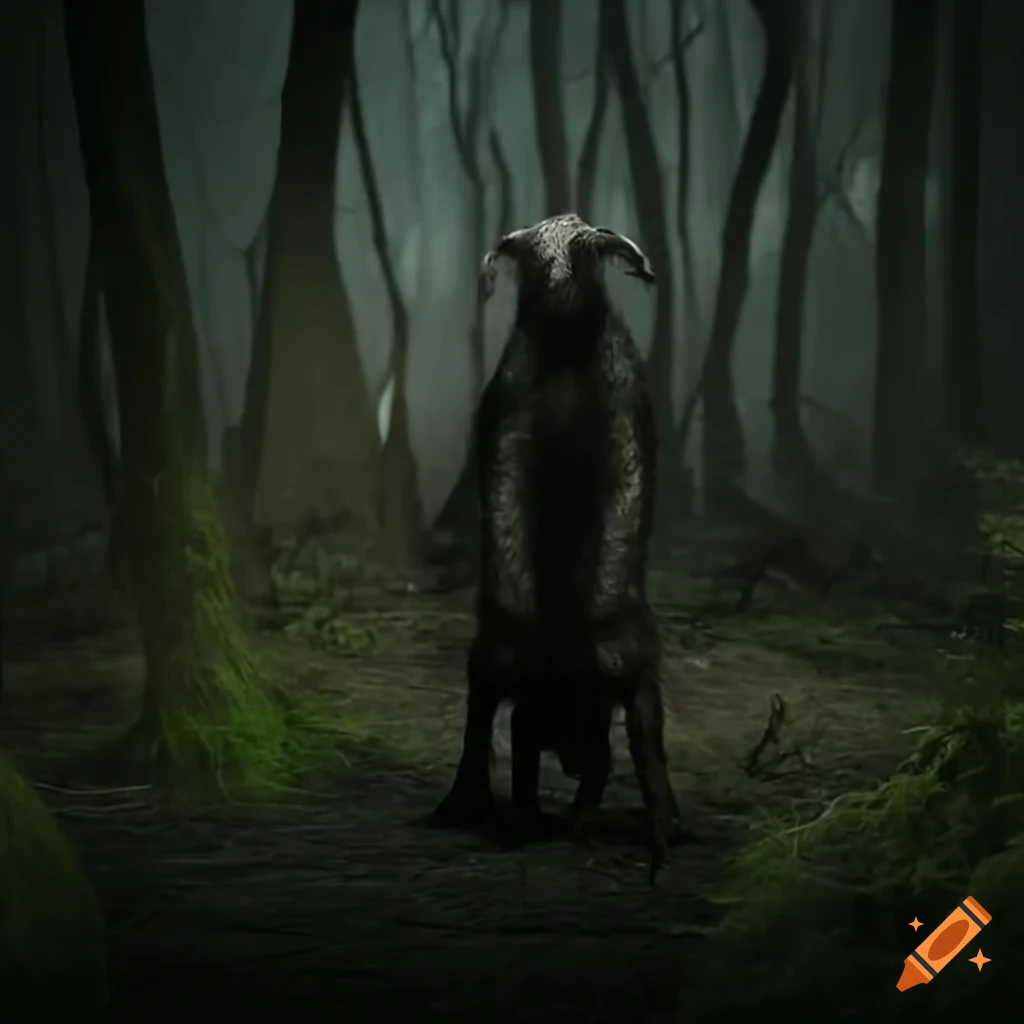 Creepy tall goat-like creature with fur and blood in a dark forest on ...