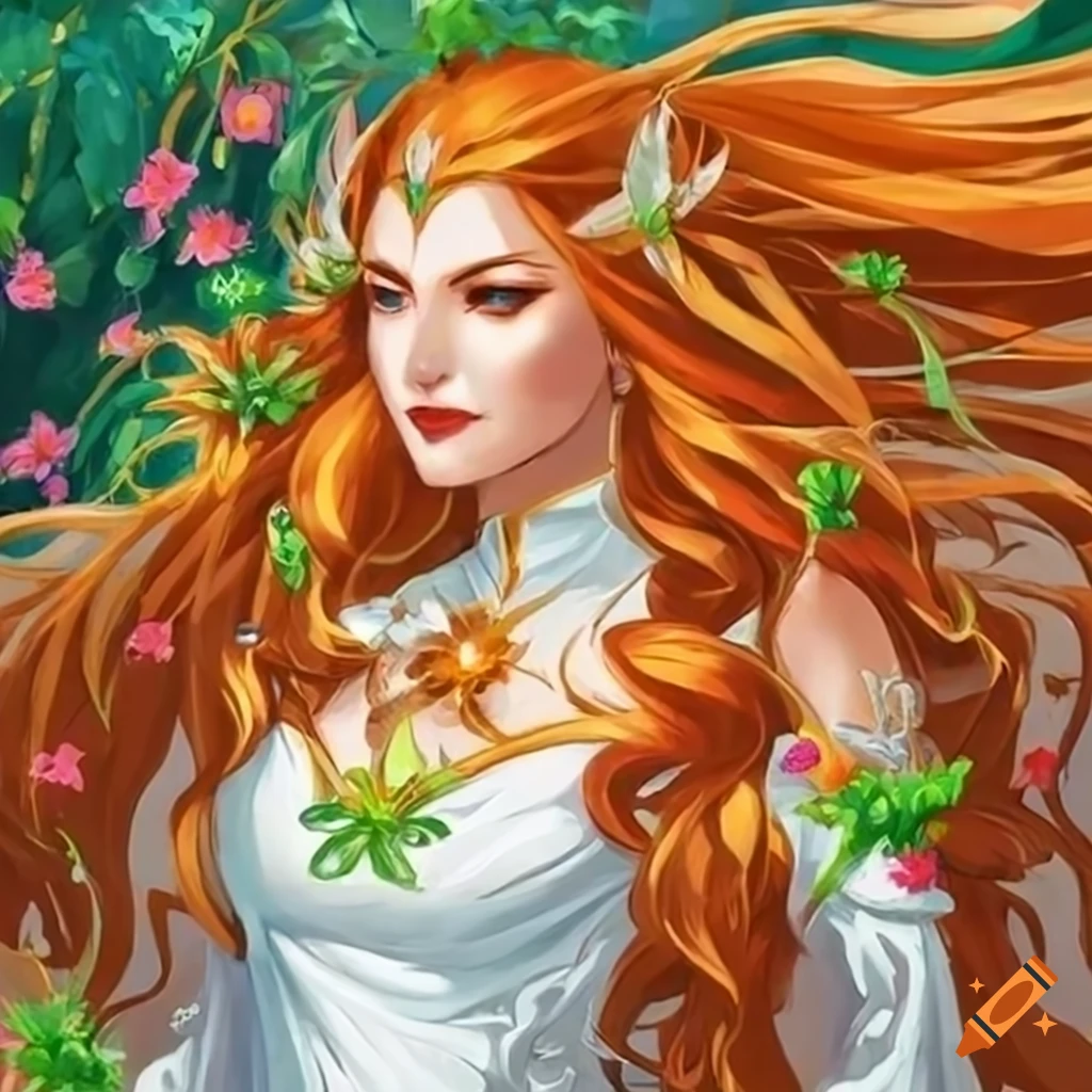 Queen with orange hair and magical white dress in vibrant colors on Craiyon