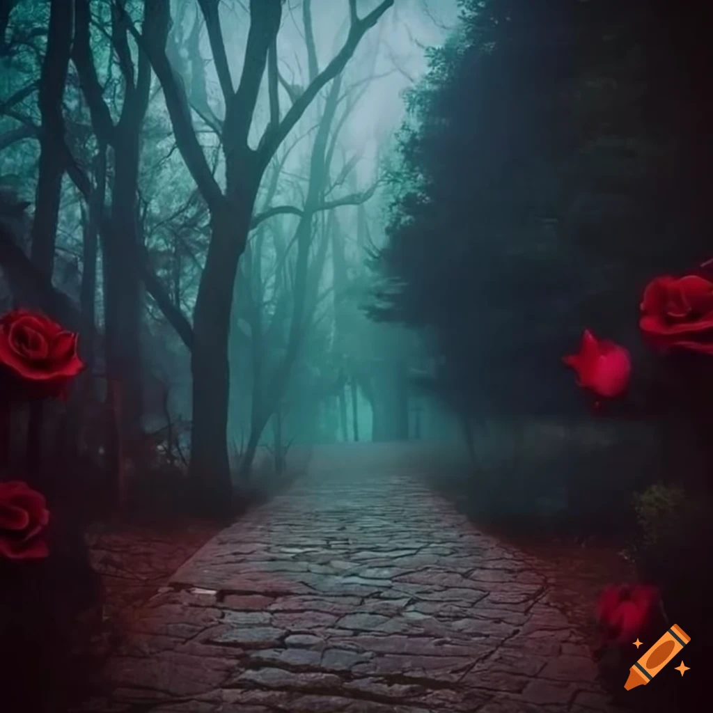 Misty garden with red and white roses and a stone path leading into ...