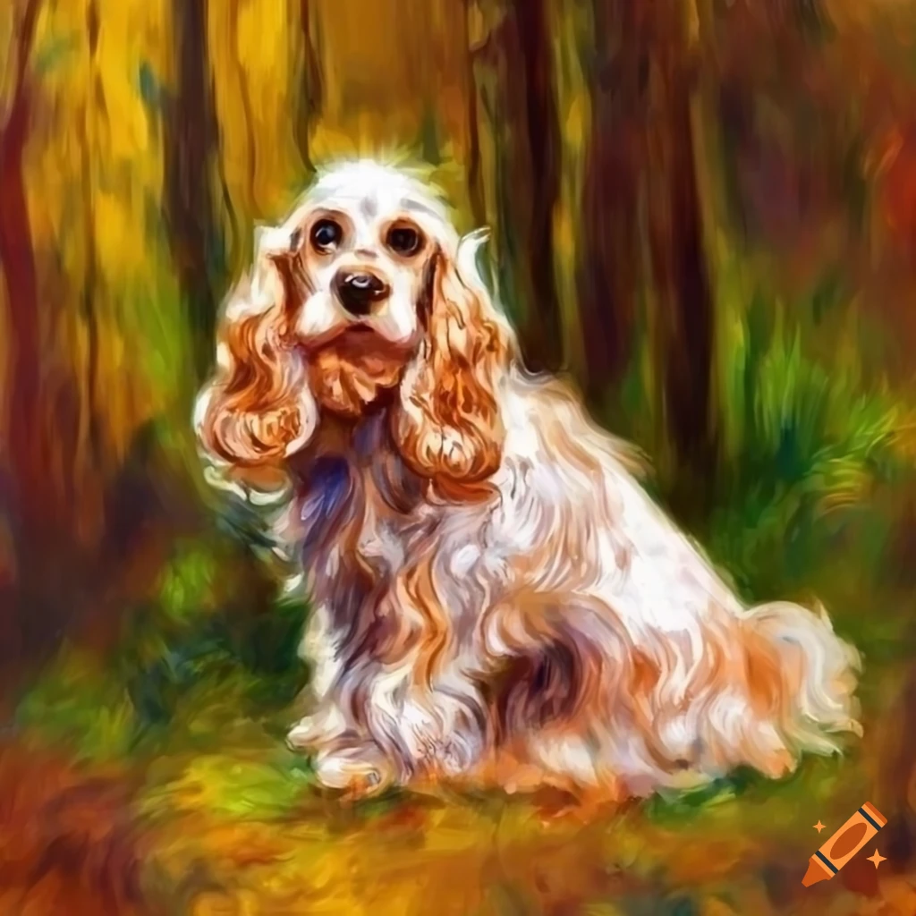 Fluffy cocker spaniel in a forest in the style of renoir on Craiyon