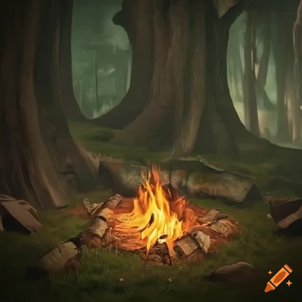Camp fire in an epic medieval rpg fantasy forest landscape on Craiyon
