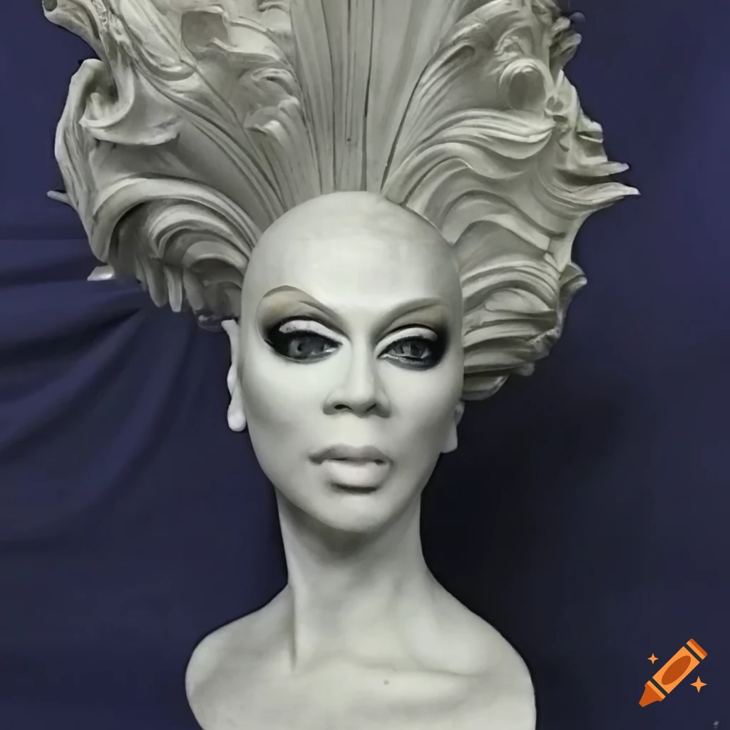 Rupaul bust with science-fiction headdress in antique white marble ...
