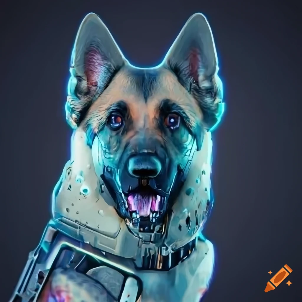 Cyberpunk style german shepherd dog with cyberware upgrades on Craiyon