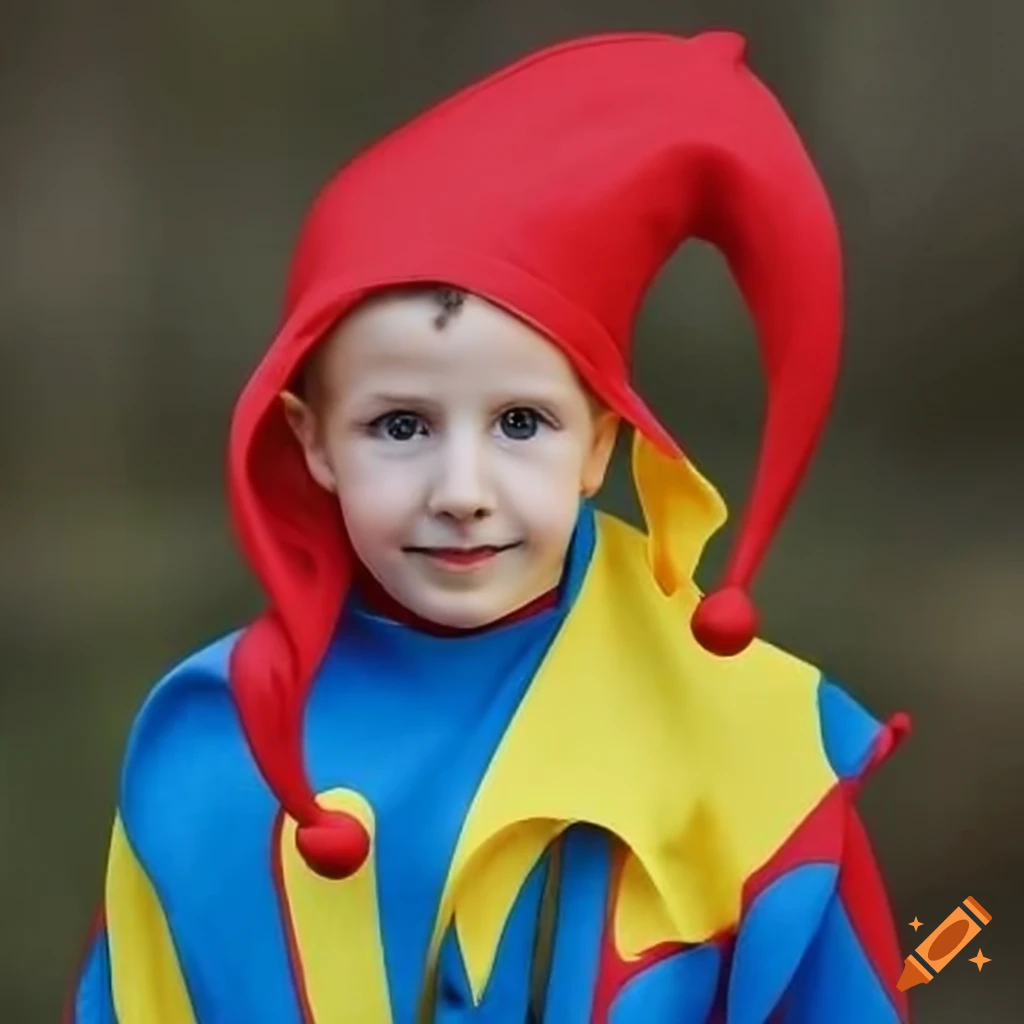 Child in blue, red, and yellow jester costume on Craiyon