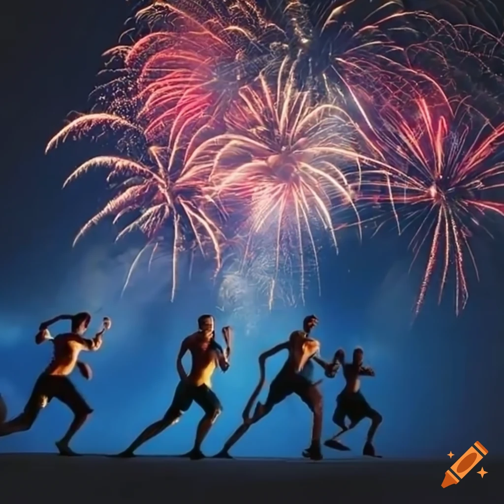 Group of athletes running with fireworks in the sky on Craiyon