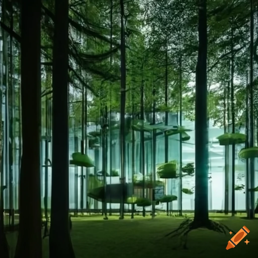 Contemporary glass architecture in a forest setting on Craiyon
