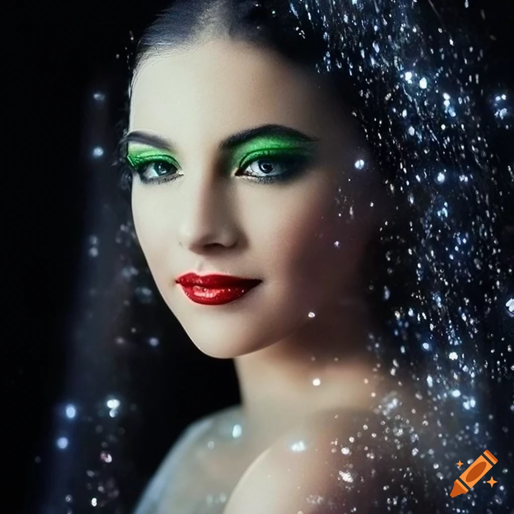 Hyperrealistic illustration of a woman standing in glittery rain on Craiyon