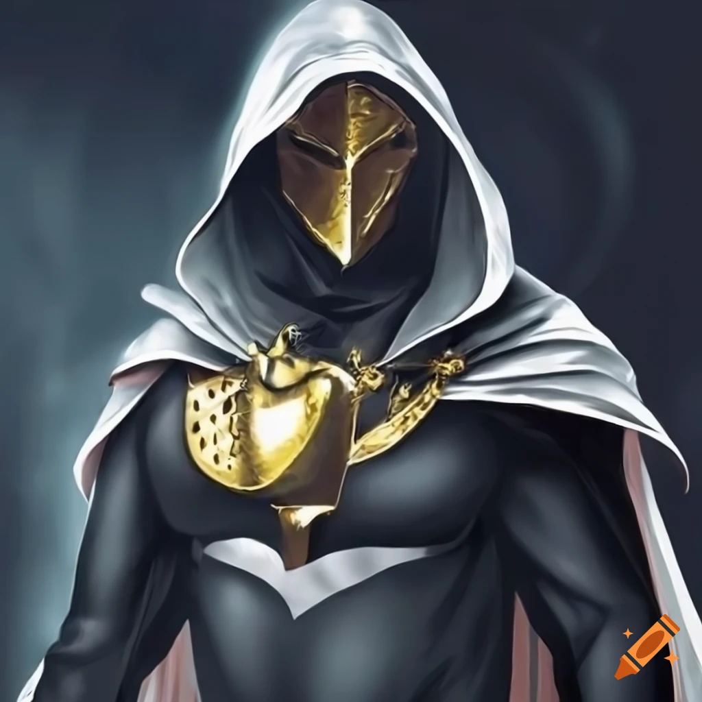 Hooded doctor fate in black suit and white cape with gold mask on Craiyon