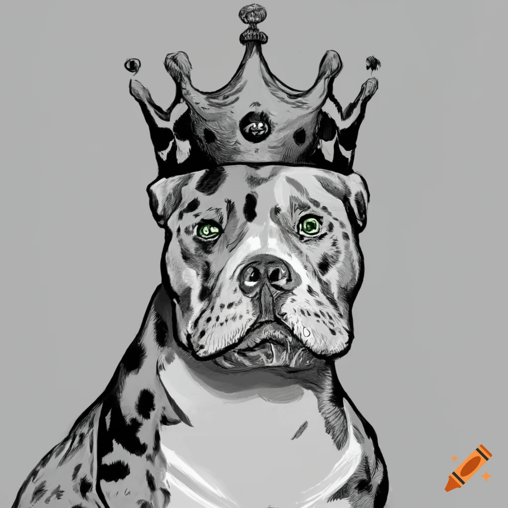 Merle American bully wearing a crown and royal coat on a throne on Craiyon