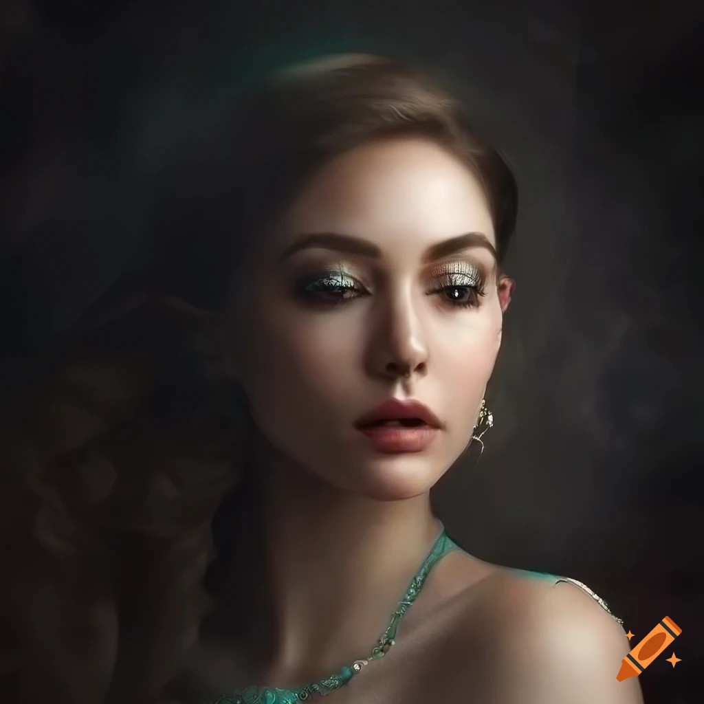 Enchanting woman with delicate features and charming clothing in ornate ...