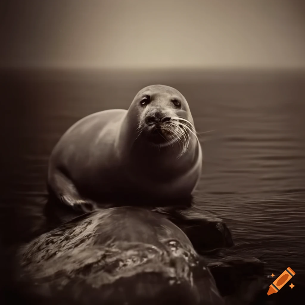 Black and white photograph of a river seal with a bright, curious gaze ...