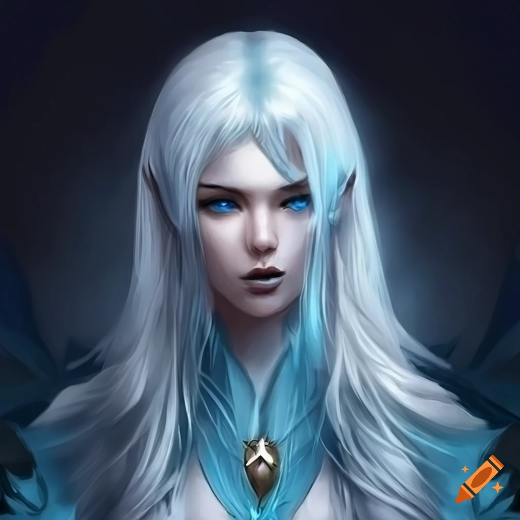 Detailed fantasy woman with blue skin, white hair, and robes on Craiyon