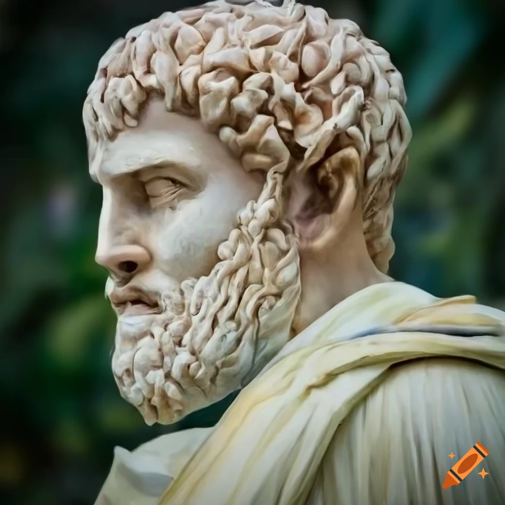 Colorful side portrait of epicurus with a garden background on Craiyon
