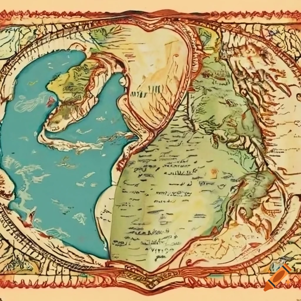 Illustrated ancient book style paradise map on Craiyon