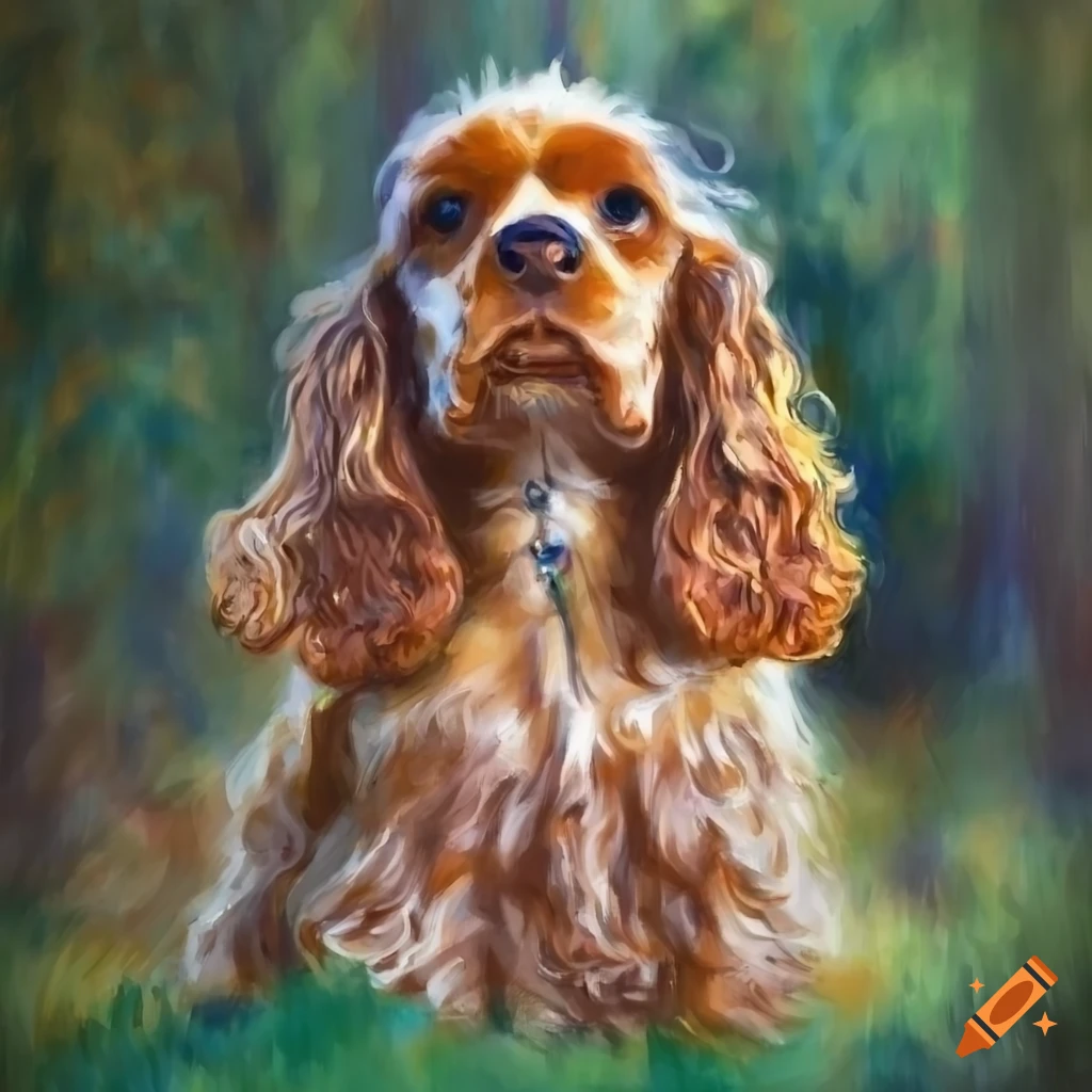 Fluffy cocker spaniel in a forest, in the style of renoir on Craiyon