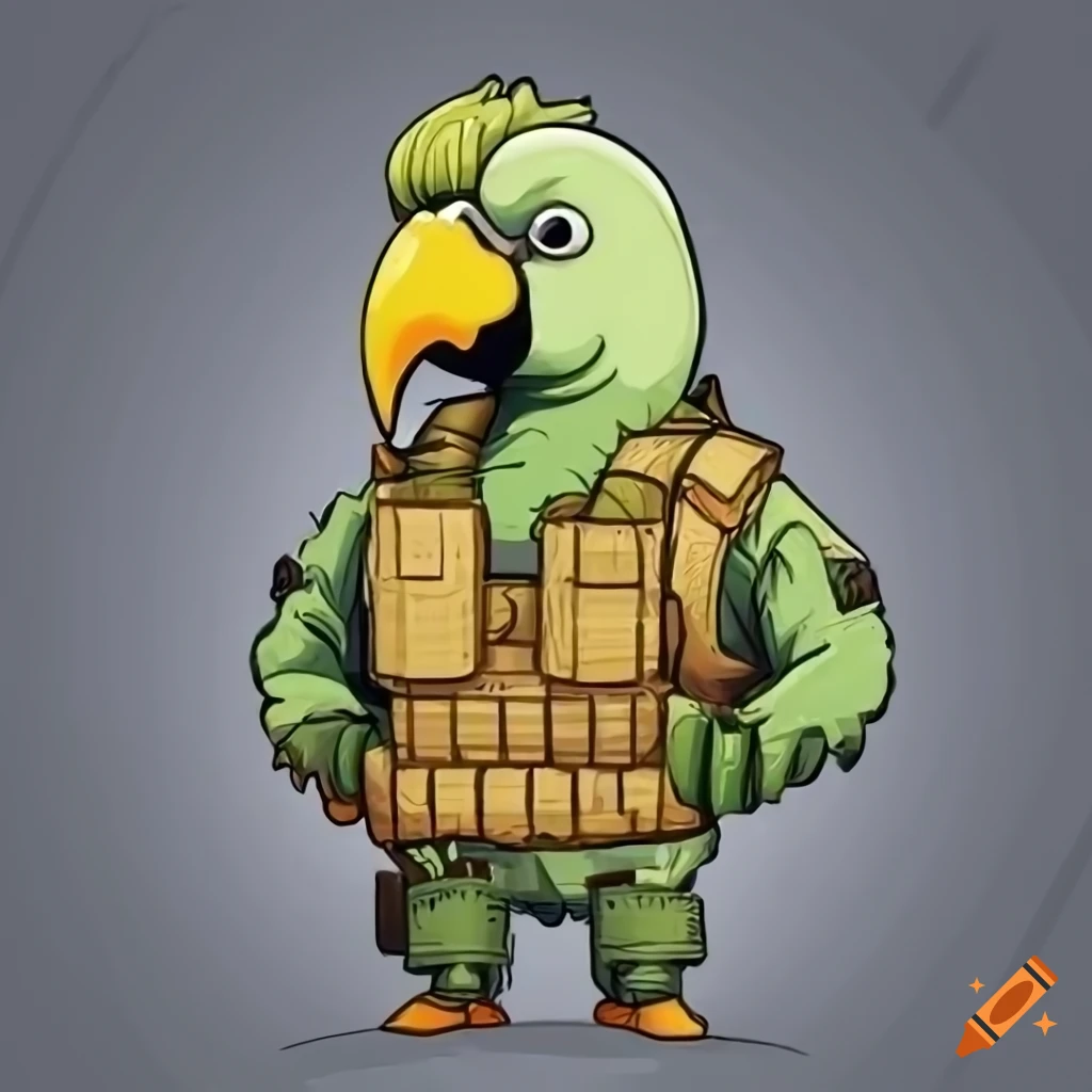 Cartoon parrot in a military vest on Craiyon