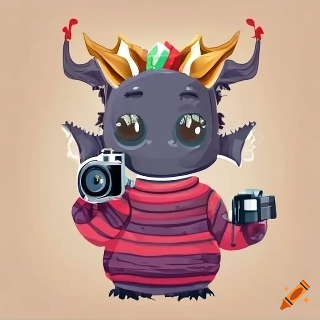 Cute dragon in new year's hat and sweater holding a photo camera on Craiyon