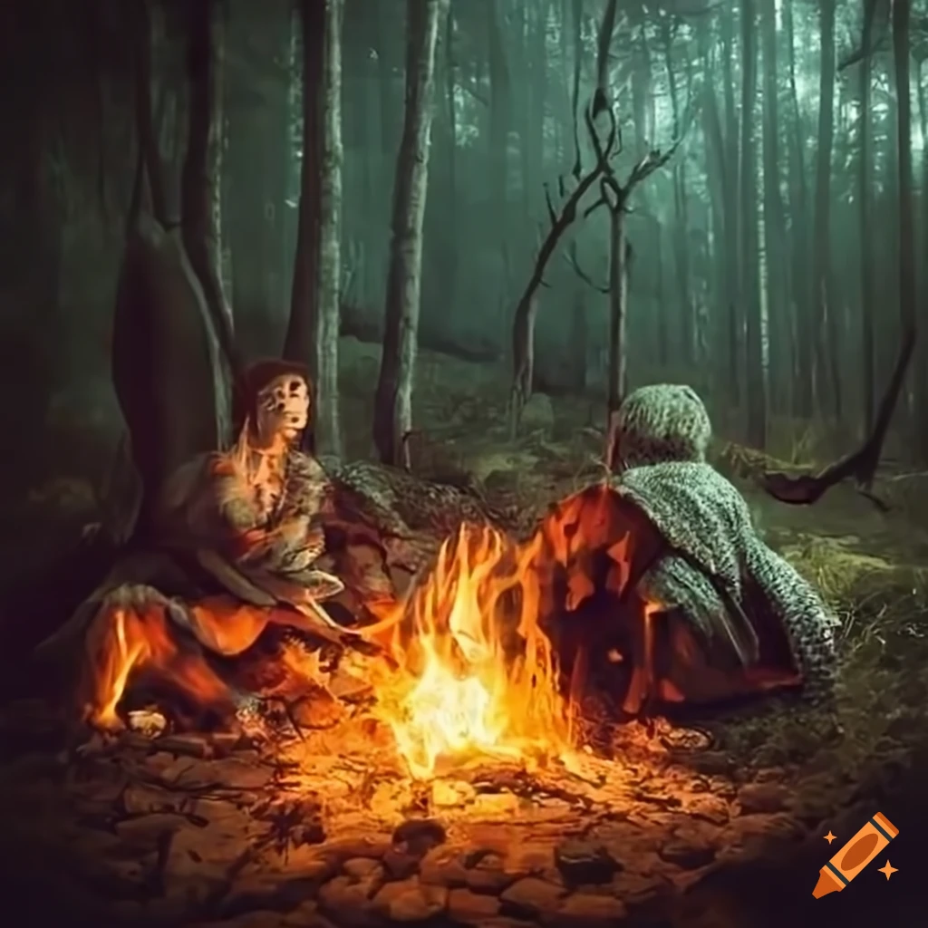 Small camp fire in a medieval rpg fantasy forest on Craiyon