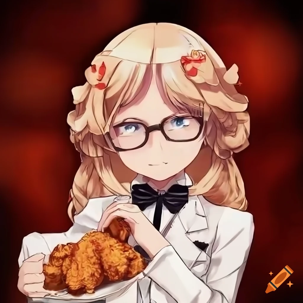 Anime girl with glasses and flowing hair in colonel sanders outfit with ...