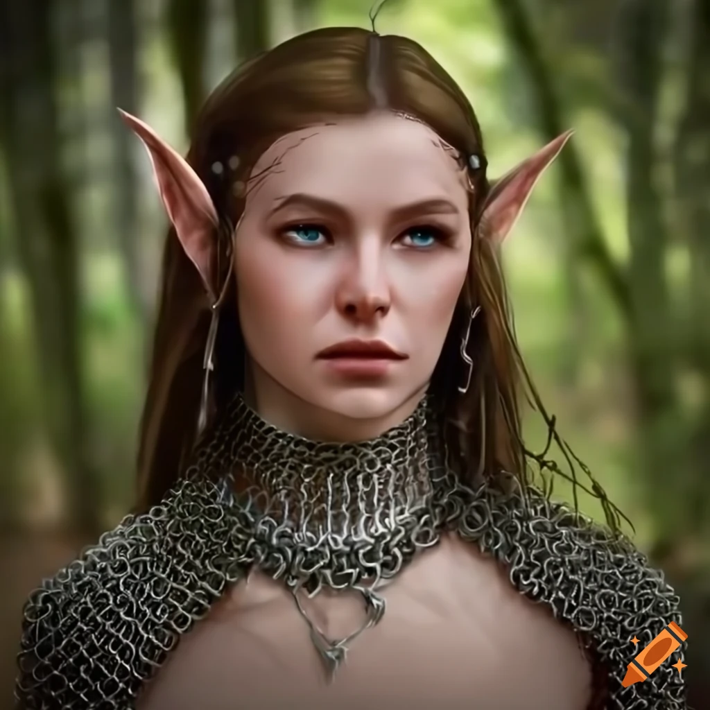 Beautiful half-elf in chain mail wandering in the woods on Craiyon