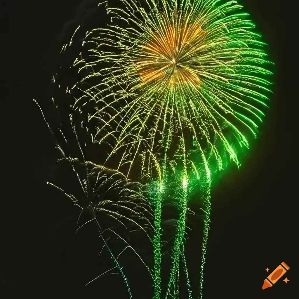 Realistic green firework in the night sky with tree silhouettes on Craiyon