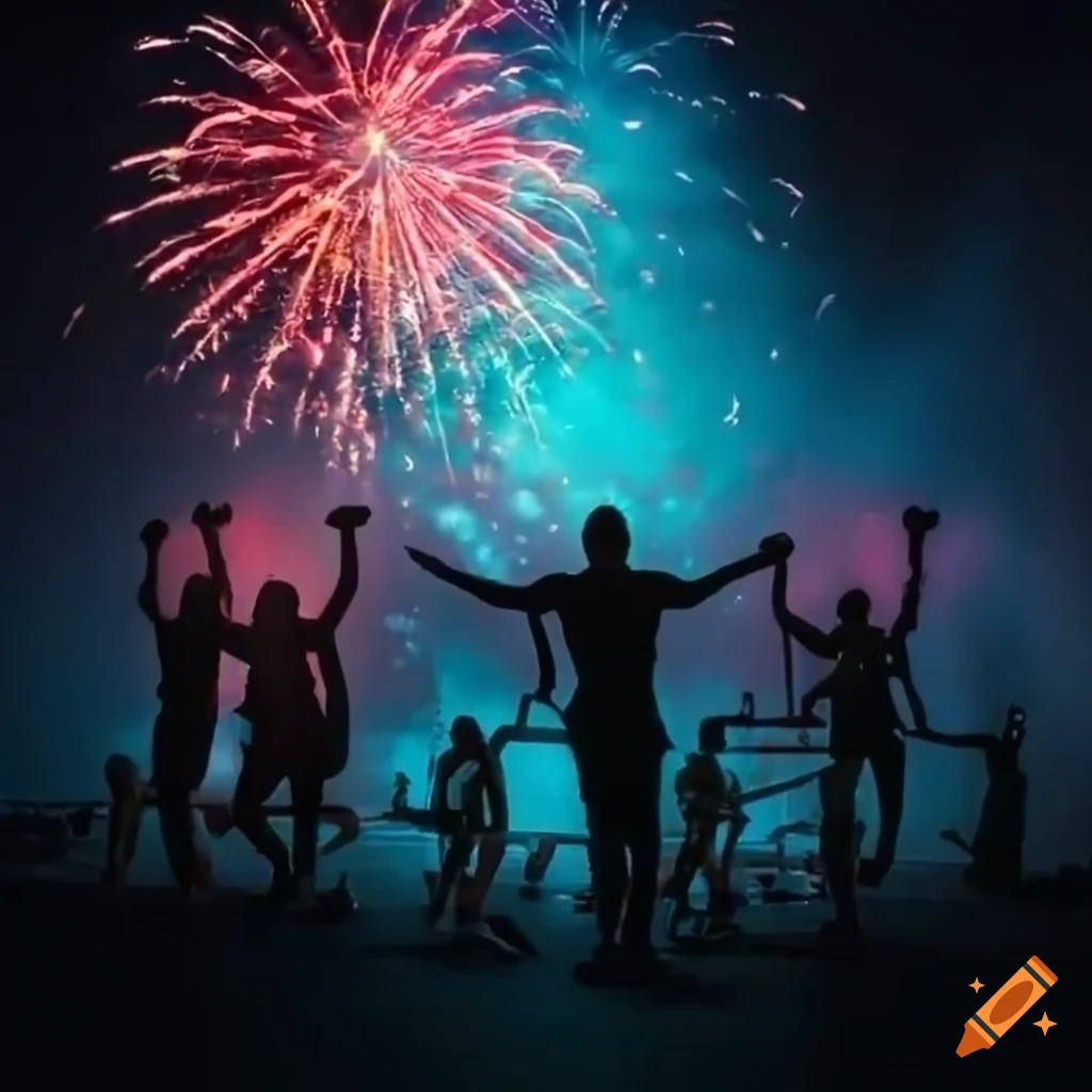 People in a fitness studio with fireworks in the background on Craiyon