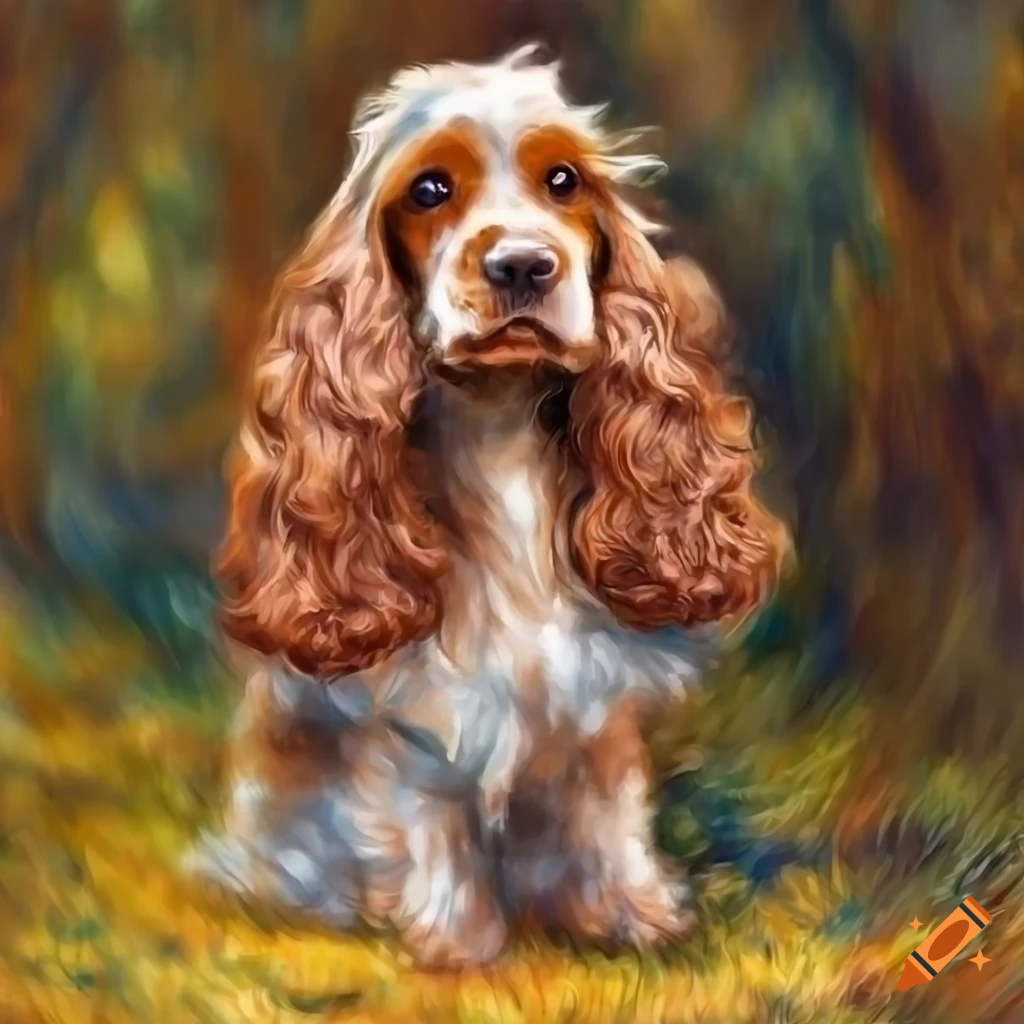 Fluffy cocker spaniel in a forest, portrait in the style of Renoir on ...