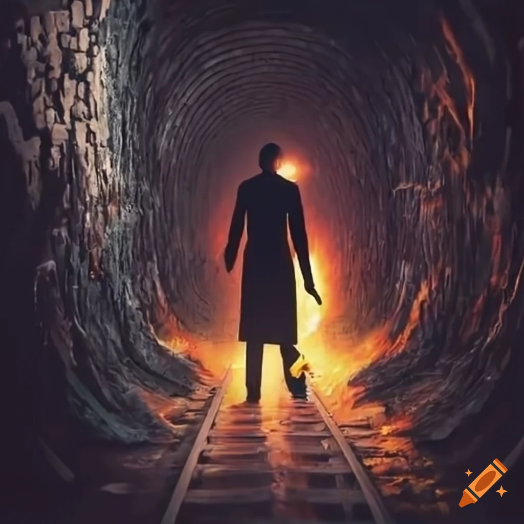 Man with a fire torch walking in a dark endless tunnel on Craiyon