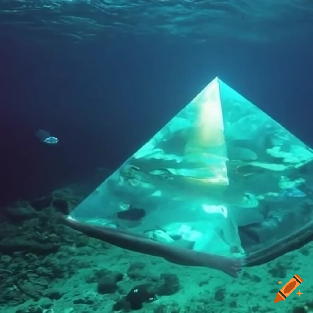 Crystal pyramid underwater with surrounding light beams and swimming ...
