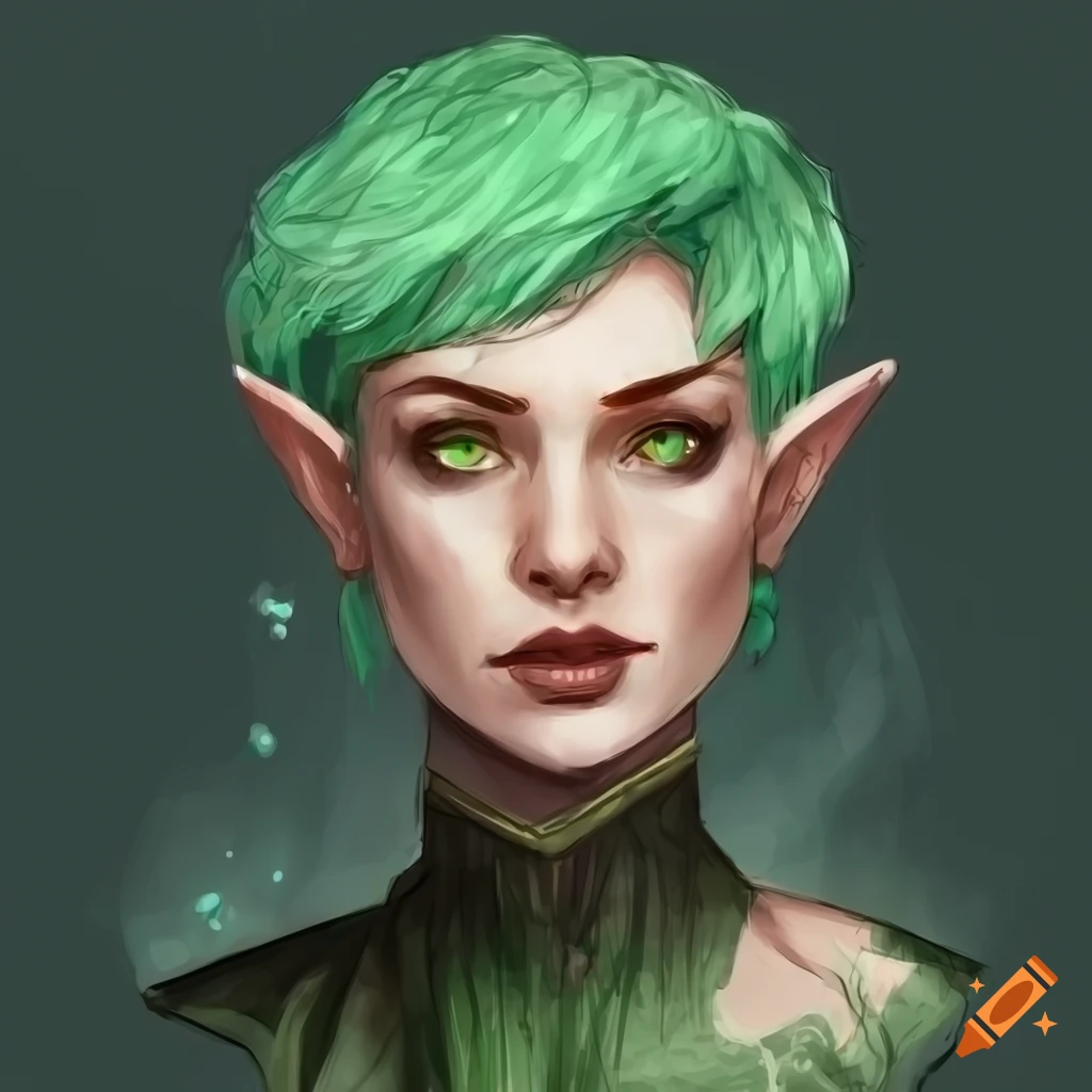 Fantasy drawing of a woman with short green hair in DND character ...
