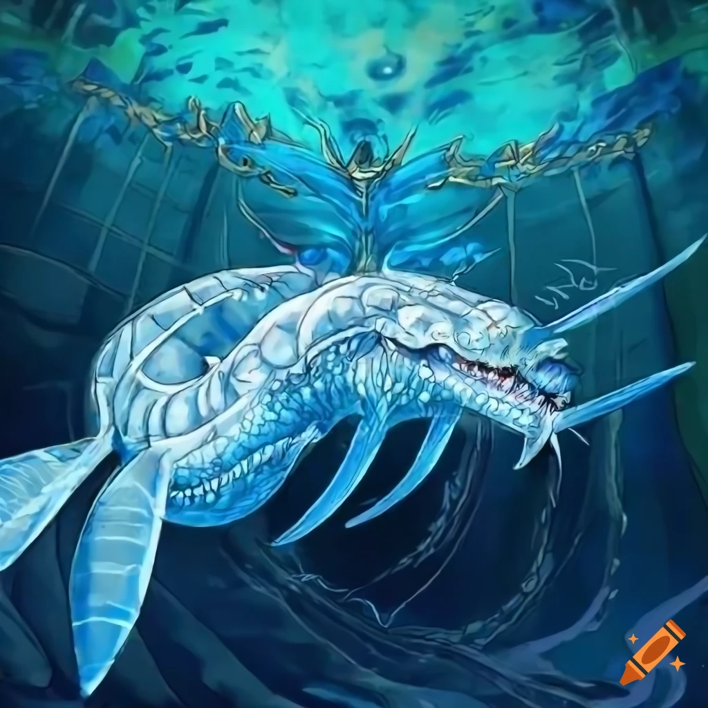 White leviathan with blue eyes in clear blue water in Yu-Gi-Oh art ...