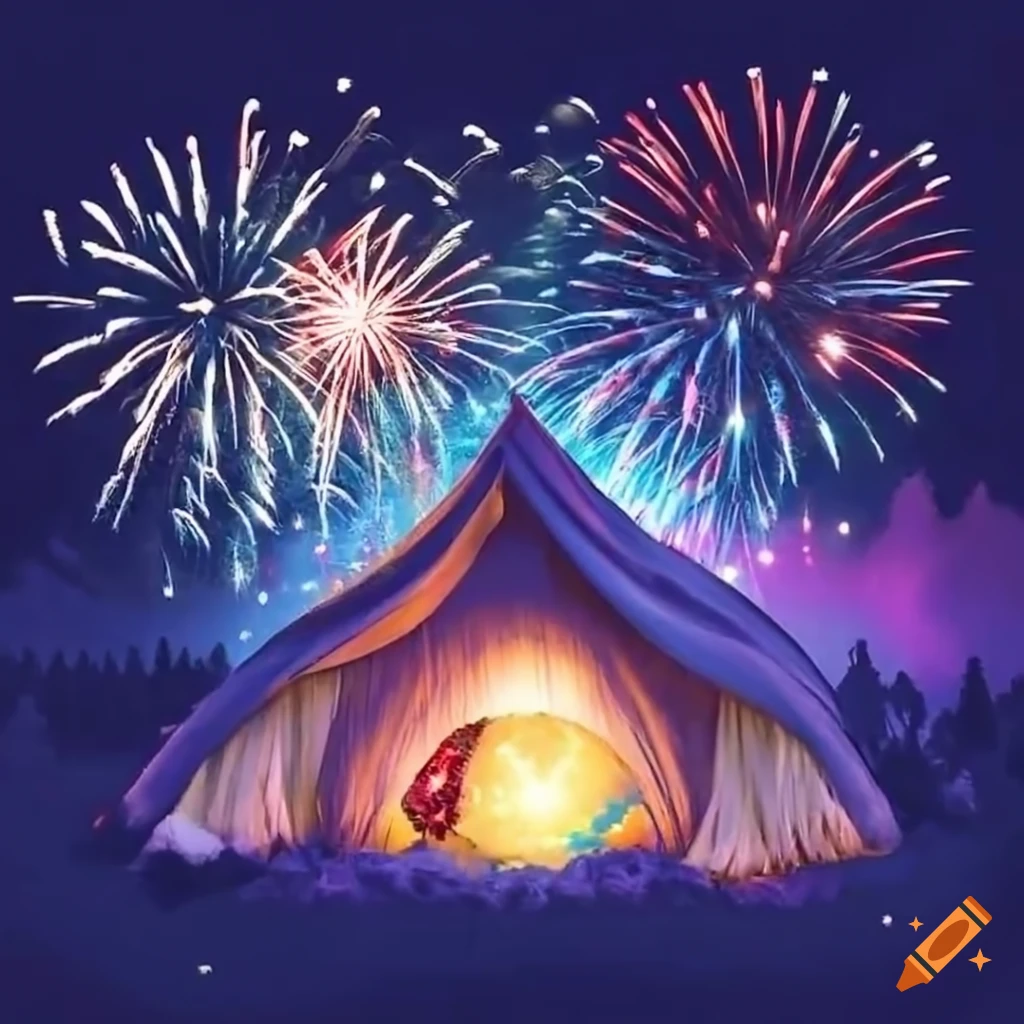Fireworks illuminating a cozy blanket fort on New Year's Eve in a ...