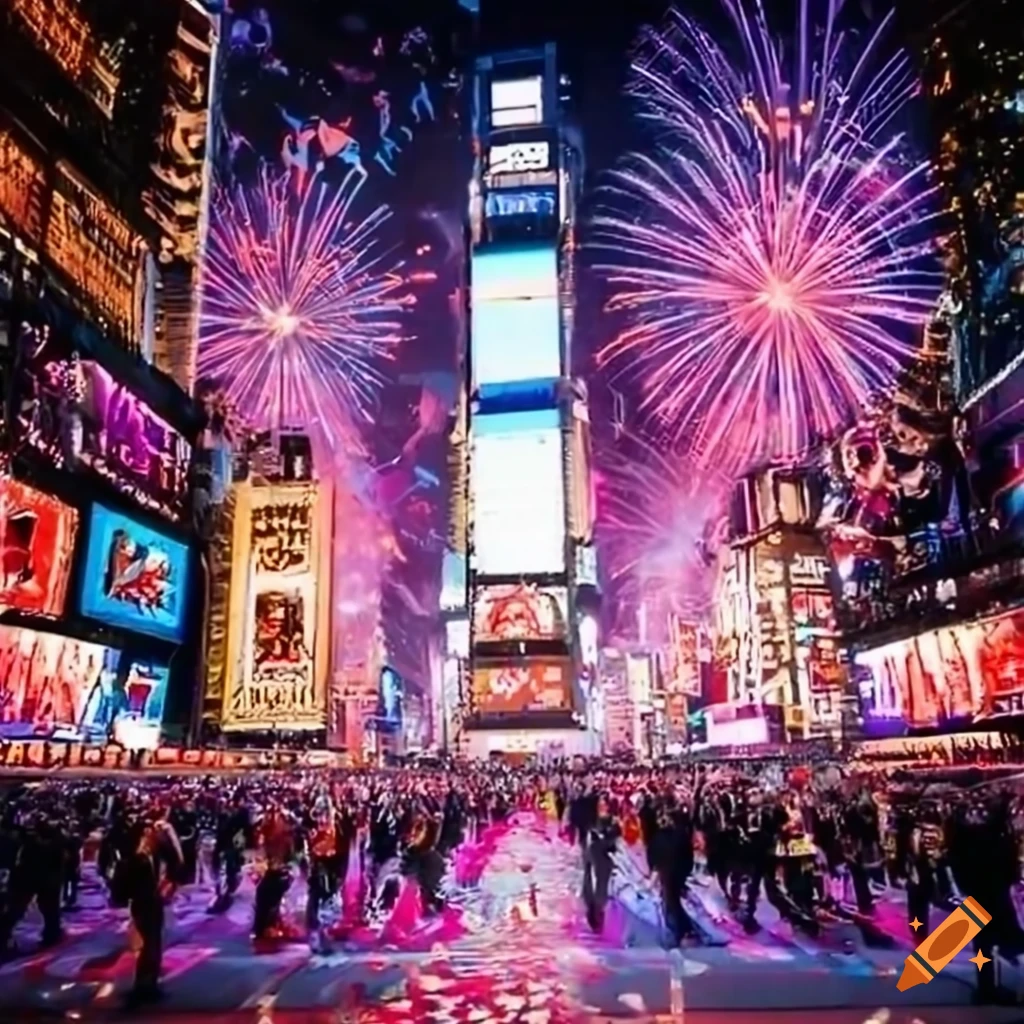Times square new year's celebration with fireworks and confetti on Craiyon
